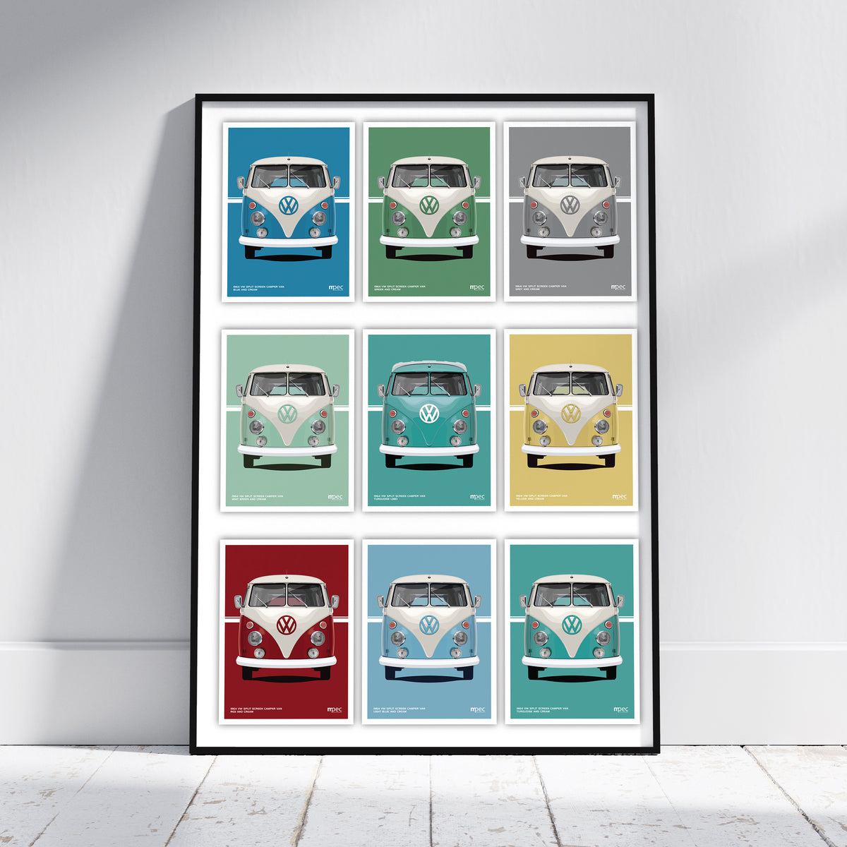 9 VW Camper Vans in 1 Poster – mpecautoillustration